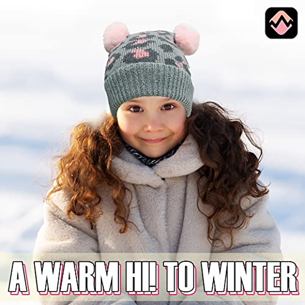 PEAK 2 PEAK Girls Hat and Fingerless Gloves Winter Set, Leapord with Plush Pink Pompoms - Age 4-12 Years