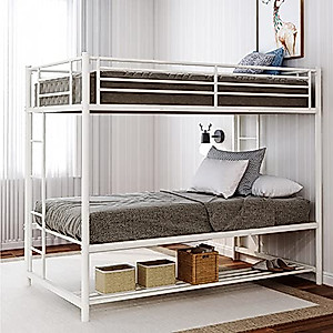 Twin Over Twin bunk Bed with Storage, Metal Twin Size Bunk Beds Frame with Stairs Full-Length Guardrail Space-Saving(Color:White)
