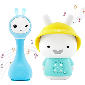 【2 Pack】Alilo Bunny Smarty R1 + Baby Bunny G9S+, Musical Light-Up Rattle for Sensory Development 0-24 Months + Audio Player for Imagination Building, Screen-Free Digital Listening Experience 0+ Months