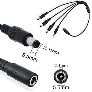 GINTOOYUN DC Splitter Cable 1 Female to 4 Male 5.5mm x 2.1mm, 12V DC Power Extension Cable Splitter Adapter for CCTV Security Camera, LED Strip Light, etc 0.7m (1 to 4 Way)