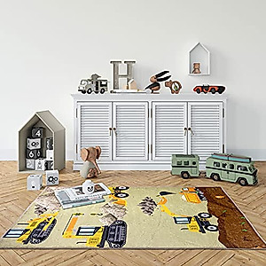 USTIDE Thick Kids Rug Play Mat 4'x6',Cartoon Construction Area Rug Excavator Digger Kids Carpet Boys Girls Bedroom Rugs Floor Carpet Playroom Rug Nonslip Crawling Mat Plush Nursery Rug