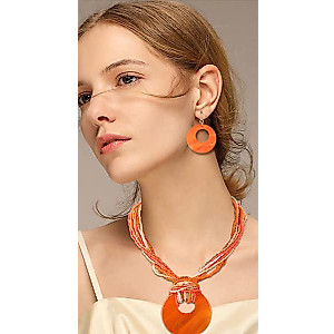 Coiris Multi Strand Statement Colorful Beaded Necklace Earrings Set with Big Circle Shell Pendant for Women (N0055-Orange)