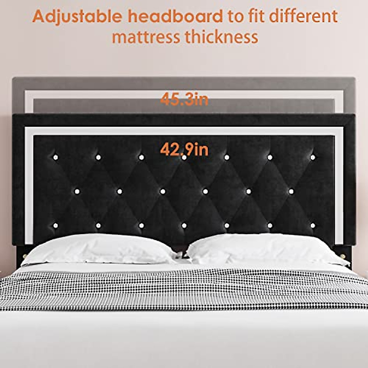 HITHOS Full Bed Frame, Upholstered Platform Bed Frame with Modern Adjustable Headboard, Diamond Tufted Mattress Foundation with Wooden Slat Support, No Box Spring Needed, Easy Assembly (Full, Black)