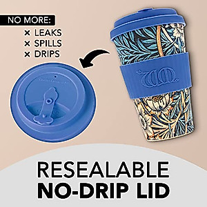 Reusable Coffee Cups with Lids, Natural Fiber Coffee Mug and Travel Cup, Food-Grade Coffee Travel Mug, 14oz, William Morris Lily- Ecoffee Cup