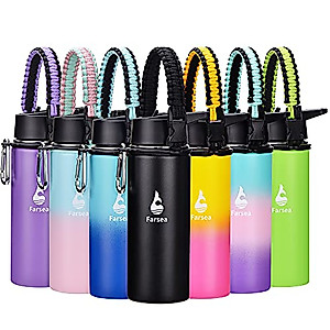 Farsea Insulated Water Bottle with Straw Lid & Spout Lid & Paracord Handle, Stainless Steel Water Bottle Wide Mouth, Double Wall Sweat-Proof BPA-Free, 18 oz, Black