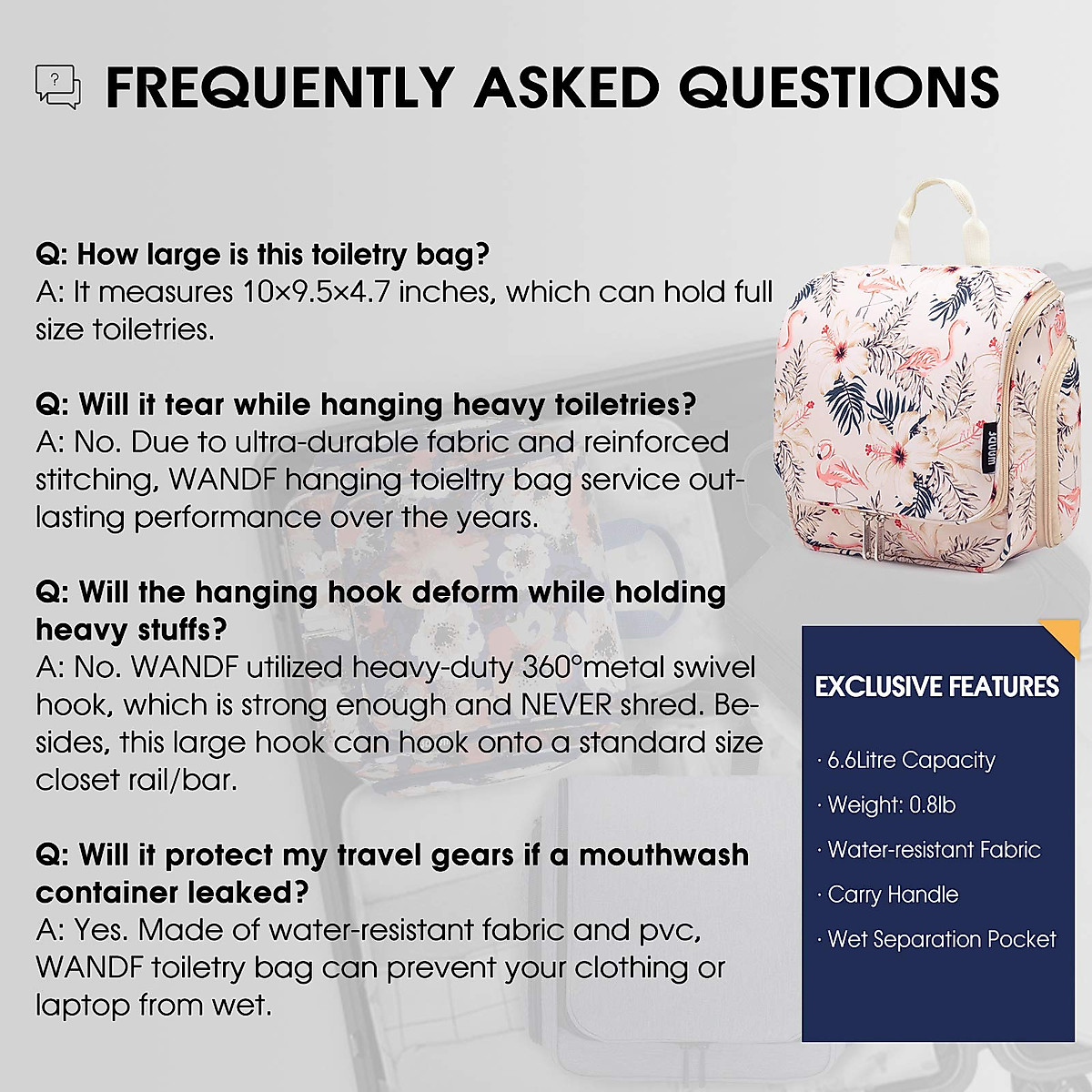 WANDF Hanging Toiletry Bag for Women Bathroom Bag with Jewellery Bag and Clear Wet Separation Compartments Water-resistant Travel Toiletry Organizer