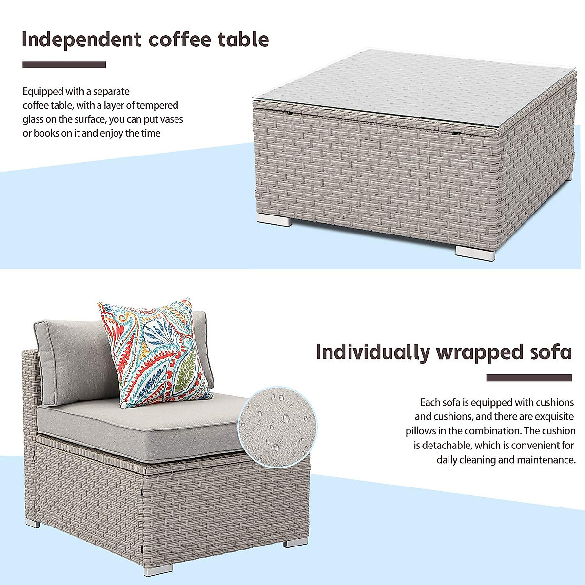 SUNBURY 7-Piece Outdoor Sectional Wicker Sofa in Gray Cushions, Gray Wicker Patio Furniture Set w Glasstop Table for Backyard Garden Porch