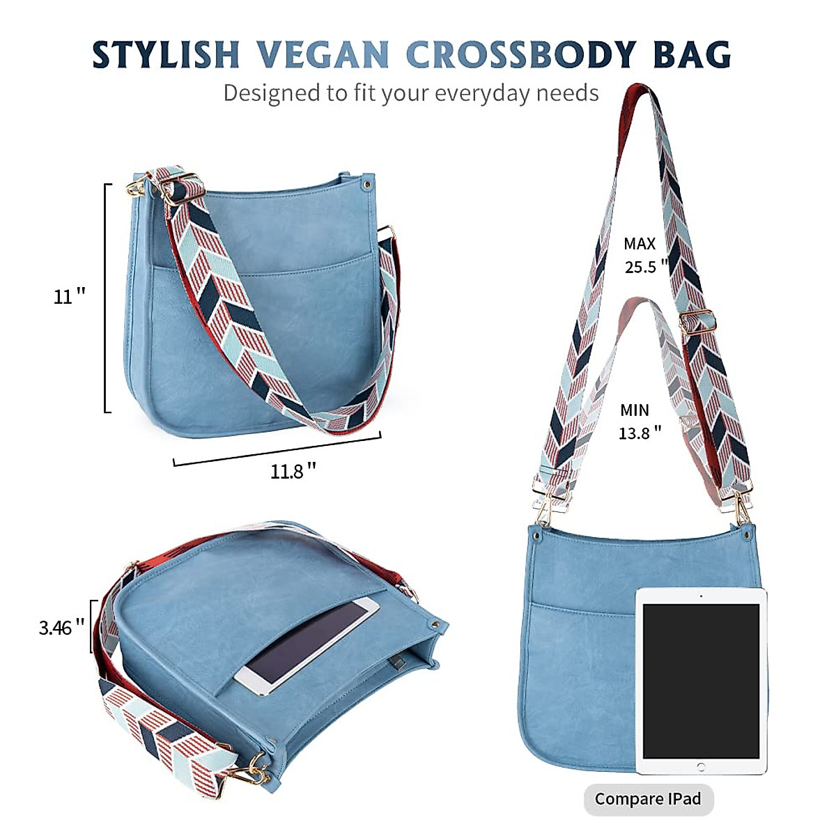 Viva Terry Vegan Leather Crossbody Fashion Shoulder Bag Purse with Adjustable Strap (Light Blue)