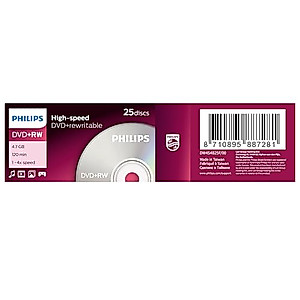 Philips DVD+RW Blanks (4.7 GB Data/120 Minutes Video, 1-4x Speed Recording, 25 Spindle)