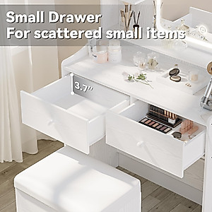 LIKIMIO Makeup Vanity Desk with Mirror and Lights, Vanity Table Set with Storage Drawer, Chair and Three Shelves, White