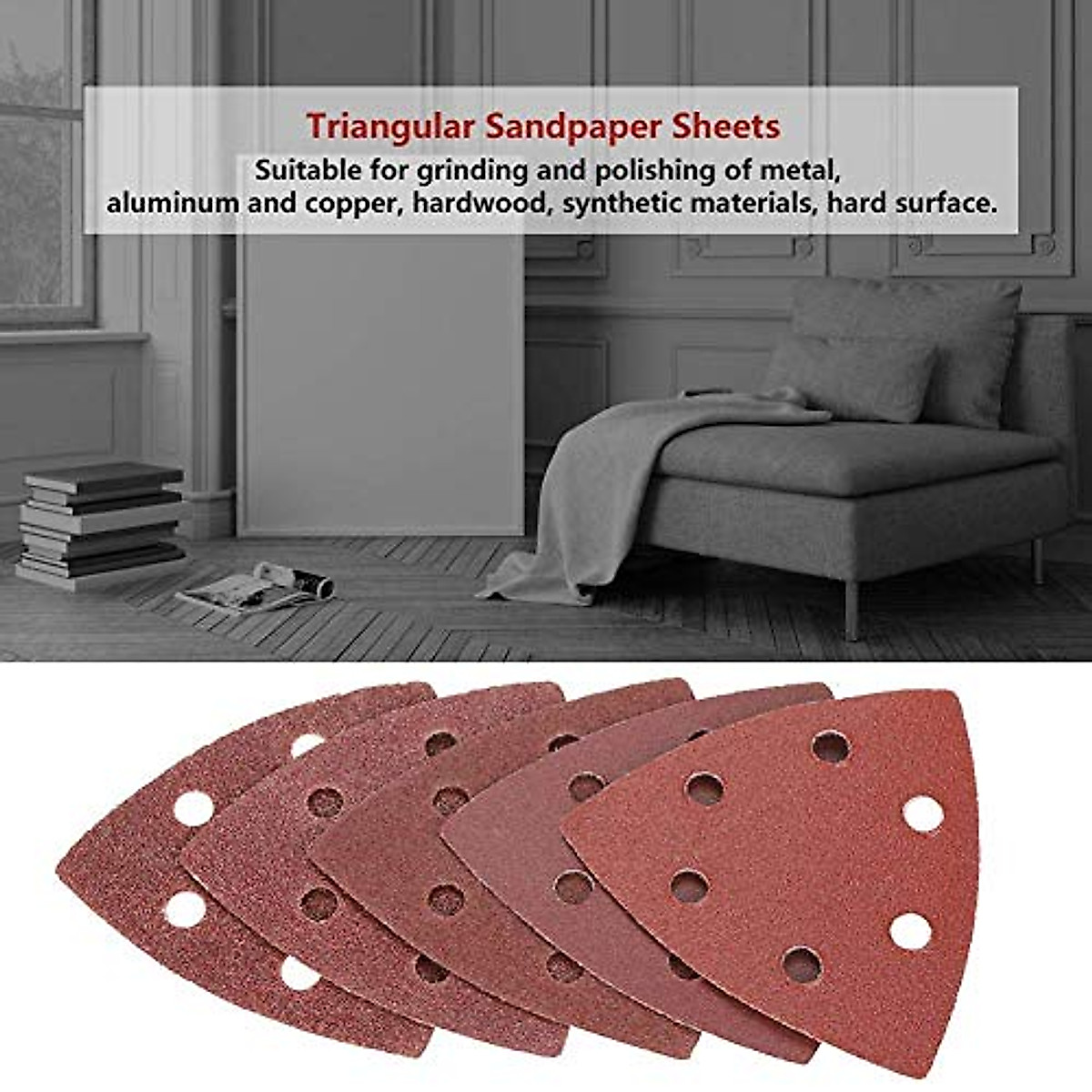 100pcs Sanding Paper, 80mm 60/80/120/180/240 Grits Triangular Hook & Loop Triangle Sandpaper +1 Sand Pad for Bosch Fein Oscillating Multi Tool
