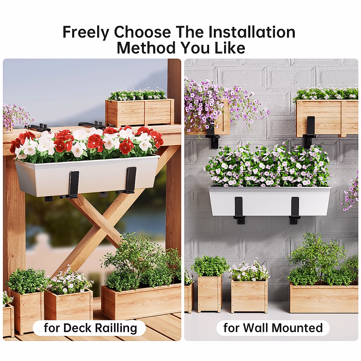 Y&M Adjustable Planter Box Brackets, Brackets for Window Boxes Planters, 4 Packs Universal Outdoor Hanging Brackets, Black Steel Mounting Durable, Suitable for Fence Pergola Patio Garden Balcony