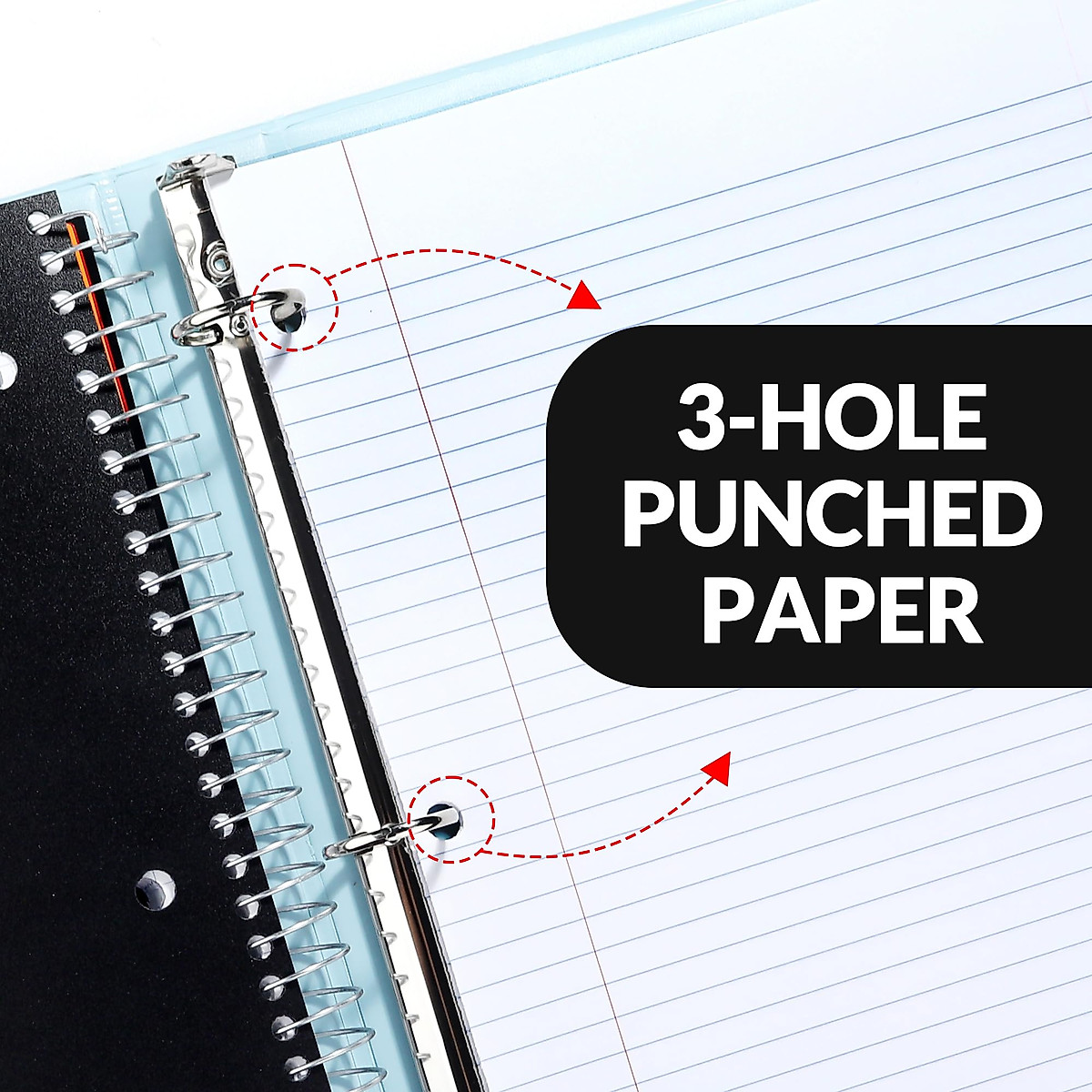 SUNEE 5 Subject Notebook College Ruled - 300 Pages, 8.2"x10.8", Spiral Lined Notebook with 5 Pocket Colored Dividers, 3-Hole Punched Paper, Black Notebooks for School Supplies, Home & Office, Writing Journal