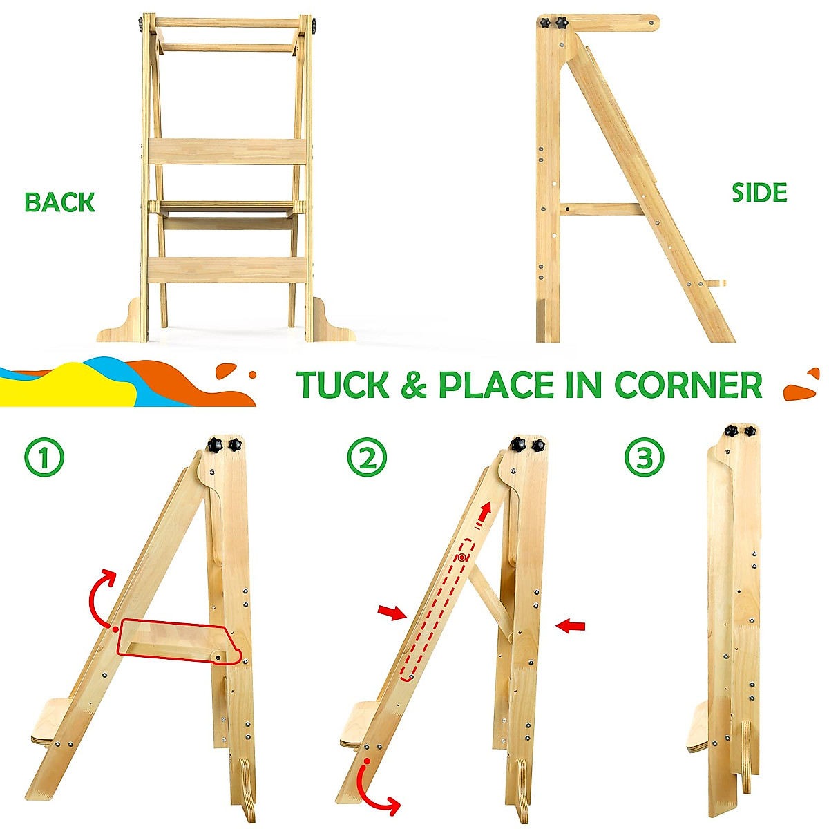 Toddler Tower Foldable - Kids Kitchen Step Stool with 3 Adjustable Heights & Safety Rail, Montessori Tower with Chalkboard for Learning, Standing Tower Helper Stool for Kitchen Counter Sink (Natural)