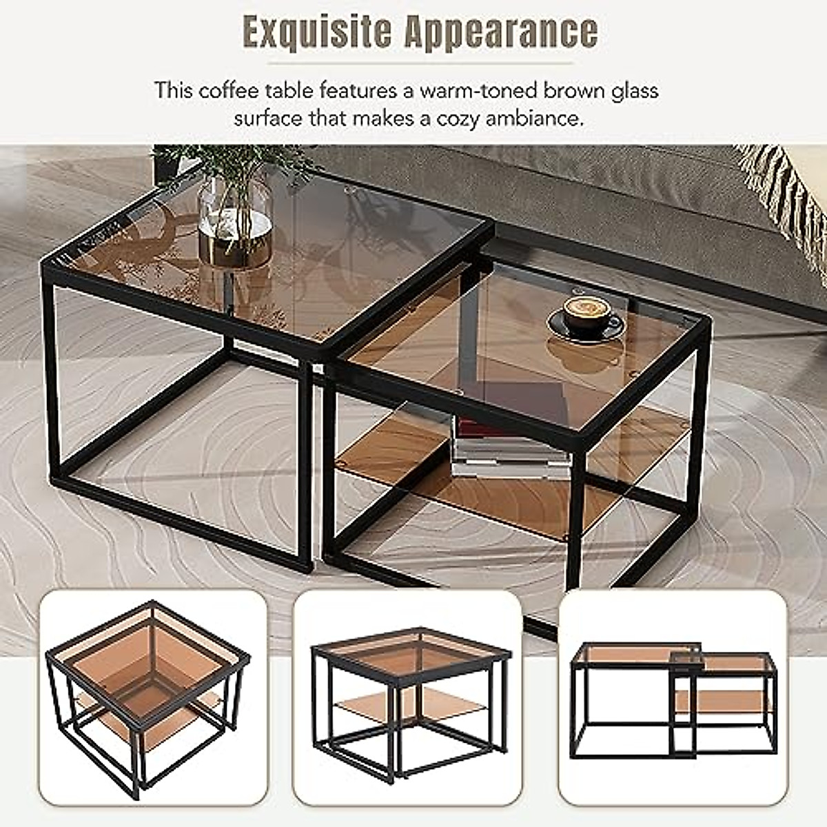 Modern Nested Coffee Table Set with High-Low Combination Design,Adjustable 2 Tier Living Room Center Table and end Table with Metal Frame and Brown Tempered Glass. (Black~Metal Frame)