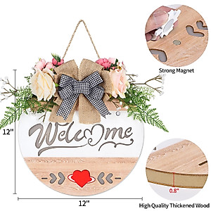 Interchangeable Welcome Sign with Automatic Induction Light, Welcome Sign for Front Door, Welcome Door Sign with 8 Interchangeable Seasonal Icons, Welcome Sign Wall Hanging Farmhouse(Wood Grain)