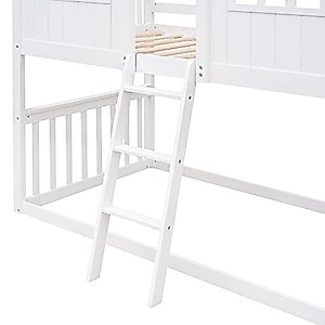 Yehha Twin Over Twin House Bunk Bed for Kids, Heavy Duty Wooden Bed w Roof and Windows, 75° Inclined Ladder, Guard Rails for Girls Boys Bedroom, White