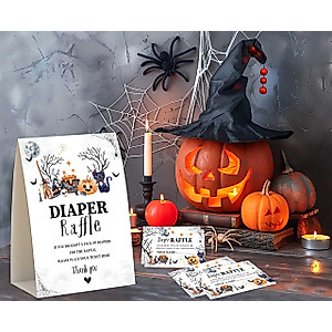 Baby Shower Games - Halloween Diaper Raffle, 1 Sign and 50 Diaper Raffle Tickets, Gender Reveal Game, A Baby is Brewing Halloween Baby Shower Decoration Supplies (RNB02)