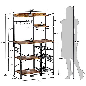 Kitchen Baker’s Rack with 2 Pull Out Wire Baskets, Microwave Stand with Storage Shelf & Wine Rack, 5-Tier Utility Coffee Bar Station with 10 Hooks for Spice Rack Organizer Workstation, Rustic Brown