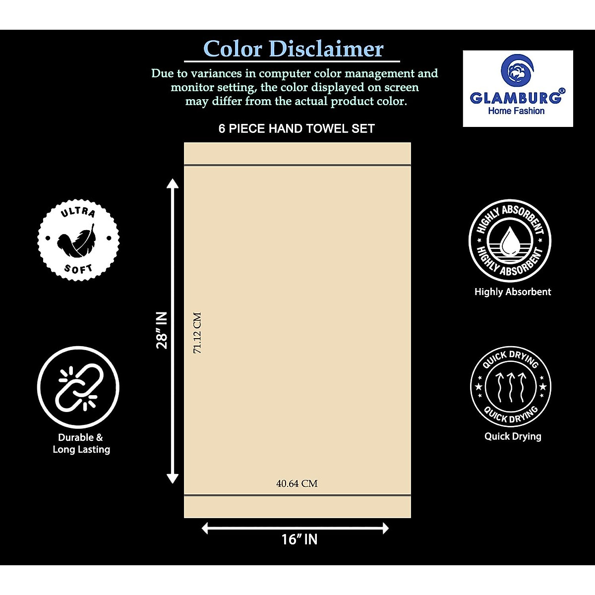 GLAMBURG Ultra Soft 6-Piece Hand Towel Set 16x28-100% Ringspun Cotton - Durable & Highly Absorbent Hand Towels - Ideal for use in Bathroom, Kitchen, Gym, Spa & General Cleaning - Charcoal Grey