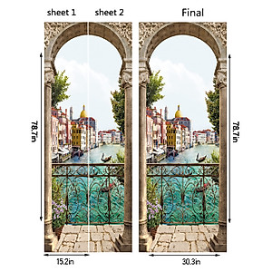 FLFK Door Sticker - Door Mural Peel and Stick, Removable Self-Adhesive Italian Water City Door Wallpaper for Home Decor, 30.3 "W x 78.7 "L, Set of 2 Sheets