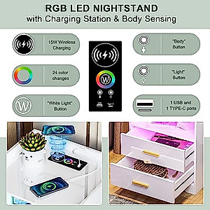HNEBC Night Stand with Charging Station,LED Nightstand with Body Sensor Function, Smart Nightstand has RGB Lights Mode,Bedside Table with Drawers,Side Table for Bedroom/Living Room (White)