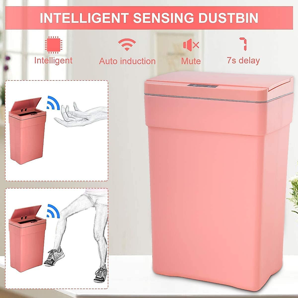 NiamVelo 50 Liter/13.2 Gallon Trash Can for Kitchen, Automatic Garbage Can Touch Free High-Capacity,Plastic Smudge Resistant, with Lid (1, Pink)