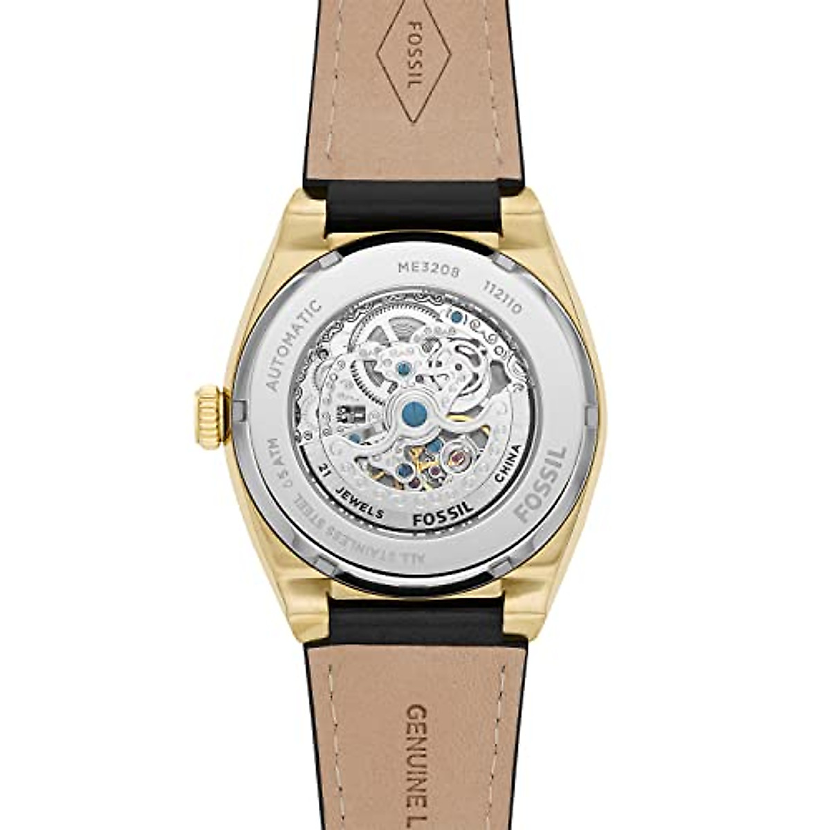 Fossil Men's Everett Automatic Stainless Steel and Eco Leather Three-Hand Watch, Color: Gold, Black (Model: ME3208)