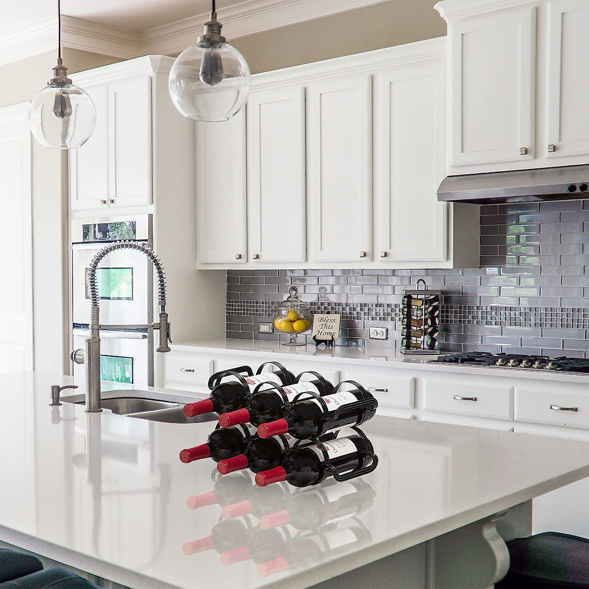 Mango Steam 6 Bottle Counter-top Wine Rack - Storage Organizer for Kitchen Countertops, Pantry, Fridge - (Black)