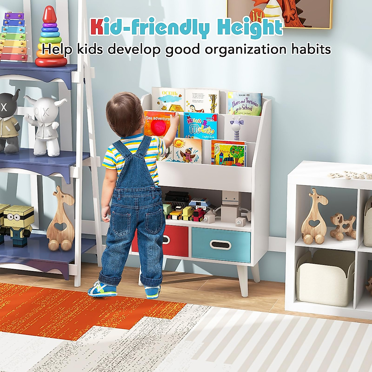 Costzon Kids Bookshelf, 5-Tier Wooden Children’s Book Rack with 2 Cube Bins for Books and Toys, Montessori Bookshelf for Toddlers, Kids Bookcase for Playroom, Nursery, Classroom (White)