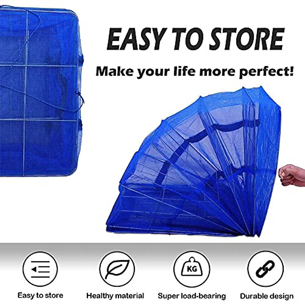 WEISGJA Drying Rack 4 Layers Folding Fish Mesh, Foldable Nylon Netting, Hanging Drying Fish Net, for Shrimp Fish Fruit Vegetables Herb, with Zipper Opening-Blue (25.59X13.78X13.78 in)…