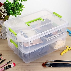 JUXYES 2-Tiers Stack Carry Storage Box With Handle, Transparent Stackable Storage Bin With Handle Lid Latching Storage Container for School & Office Supplies (Green)