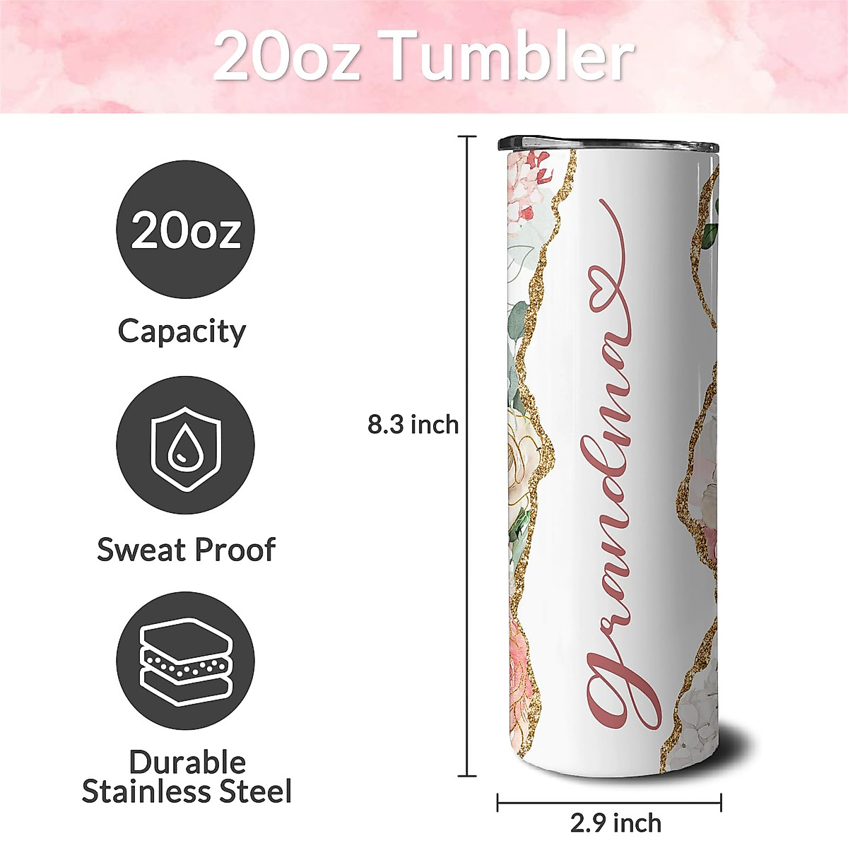 owbgsdh 20 oz Grandma Skinny Tumblers with Lid and Straw, Grandma Stainless Steel Vacuum Insulated Travel Coffee Mug Cup Water Bottle, Grandma Birthday Gifts for Grandmother