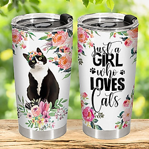 34HD Just A Girl Who Loves Cats Tumbler with Lid, 20 oz Stainless Steel Vacuum Insulated Tuxedo Coffee Mug, Cat Mom Gifts for Cat Lovers Women Birthday Mothers Day Christmas