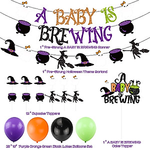 Halloween Baby Shower Decorations, Halloween A Baby is Brewing Banner Garland Halloween Cake Topper Balloons Set for Boy Girl Halloween Baby Shower Pregnancy Celebration Gender Reveal Party Supplies