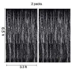 Black Fringe Party Backdrop -6.5x6.5ft, Pack of 2 | LILF Black Foil Fringe Curtain Black Backdrop for Party Birthday Photobooth Props Metallic Black Tinsel Streamers for Graduation Parties Decoration