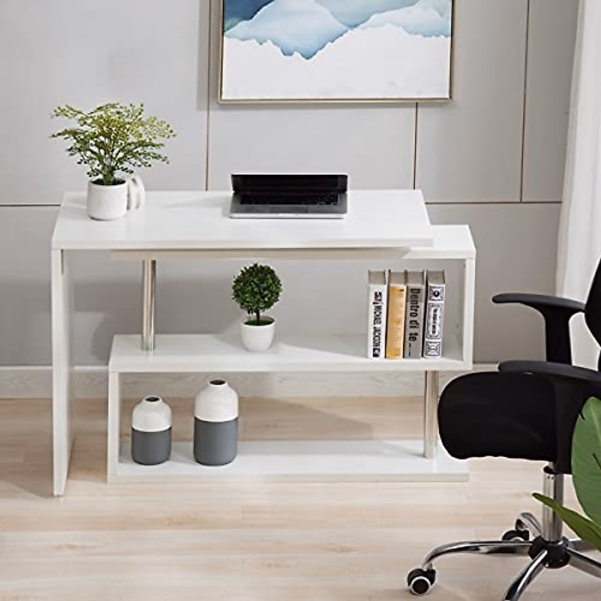 MJWDP L-Shaped Corner Computer Desk PC Laptop Table Study Workstation with 2-Tier 360 Degree Rotatable Storage Shelf White