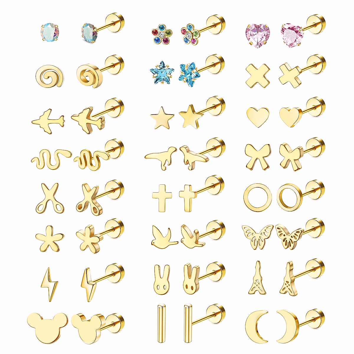 Drperfect 24 Pairs Stainless Steel Stud Earrings Set for Women Men Heart Butterfly Cat Flower Bar Cross Star Moon Snake 20G Cartilage Earrings Hypoallergenic Flatback Earrings Piercing Jewelry