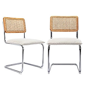 ONEVOG Rattan Dining Chairs with Cane Backrest, Upholstered Comfy Sturdy Side Chair for Leisure, Bedroom, Kitchen, Living Room, Enterway, Set of 2 (Beige)