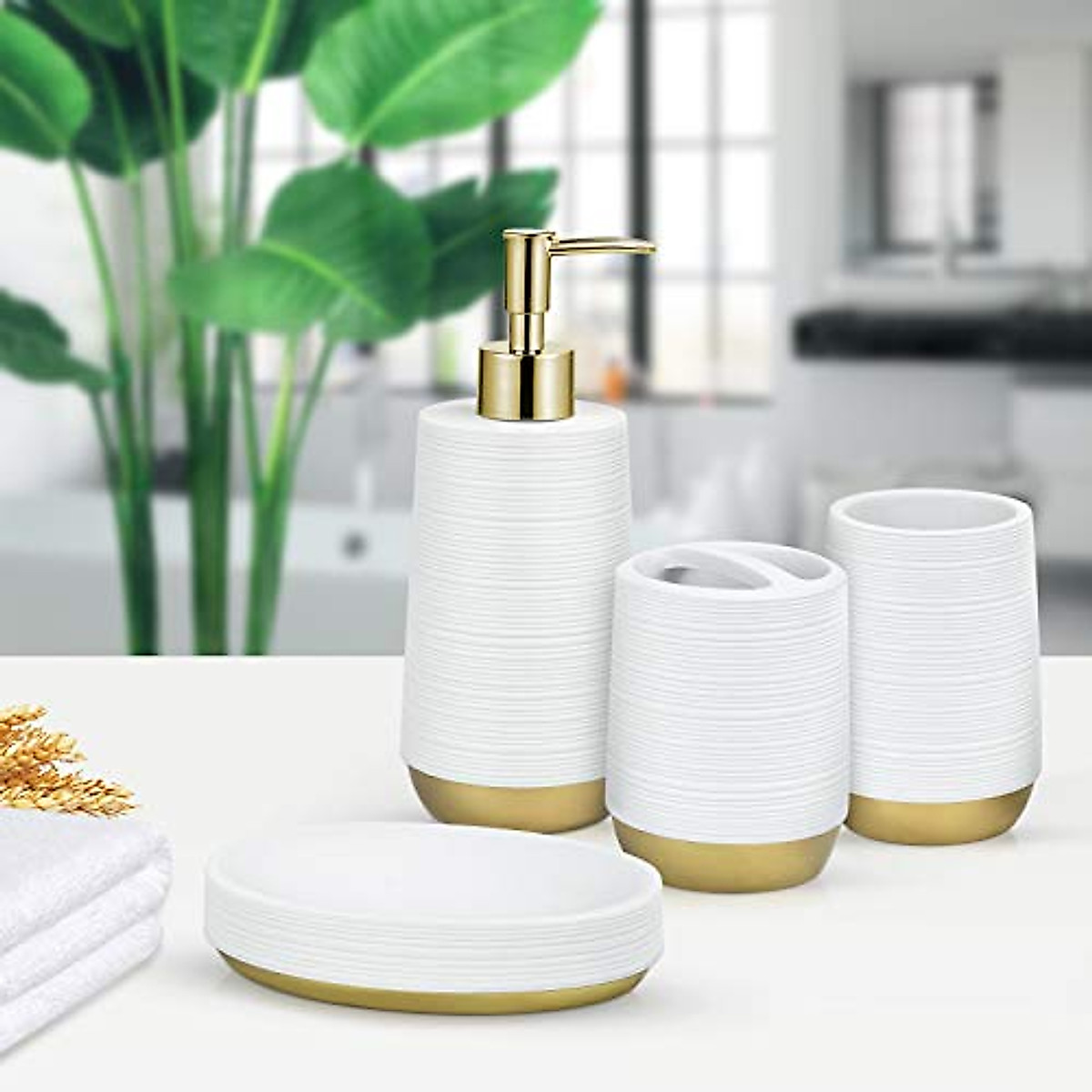 TONIAL Bathroom Accessories Gift Set, Bathroom Decor Set 4 Piece White-Queen Gold with Soap/Lotion Dispenser, Toothbrush Holder, Soap Dish, Tumbler