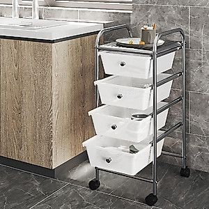 Yaheetech 4 Drawers Cart Rolling Plastic Storage Cart and Organizer Metal Frame Plastic Drawers Plastic Trolley Organizer on Wheels, White