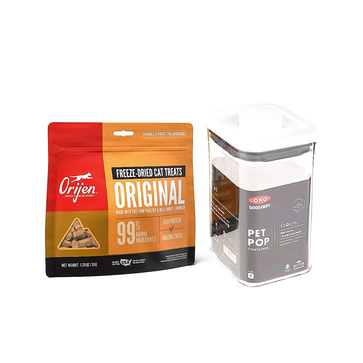 ORIJEN Freeze Dried Cat Treats, Original and OXO Good Grips Pet POP Container – 1.1 Qt
