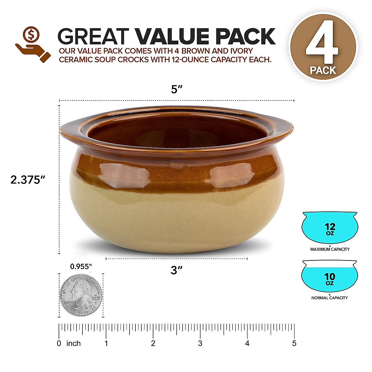 Stock Your Home 12 oz French Onion Soup Crock (4 Pack) -Two-Toned Brown & Ivory Porcelain Soup Bowls -Oven Safe Soup Bowls -Microwave and Dishwasher Safe Soup Crocks