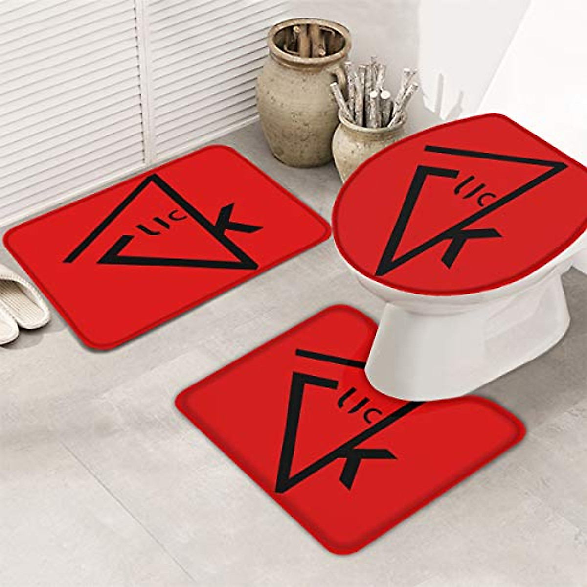 GreaBen 3PC Memory Foam Bath Mats, Fuck Black and Red Pattern Rug Sets Design with Non-Slip Shower Bathroom Mat, Contour Toilet Lid, U-Shaped Rugs for Bathroom, 18"x30"+14"x18"+15"x18"
