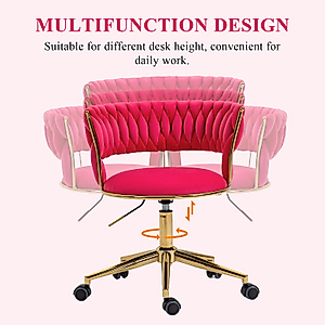 Allnifurv Home Office Chair with Hand Woven, Velvet Upholstered Desk Chair with Open Back, 360° Swivel & Height Adjustable Task Chair, Ergonomic Office Chair with Gold Base (Rose Red)