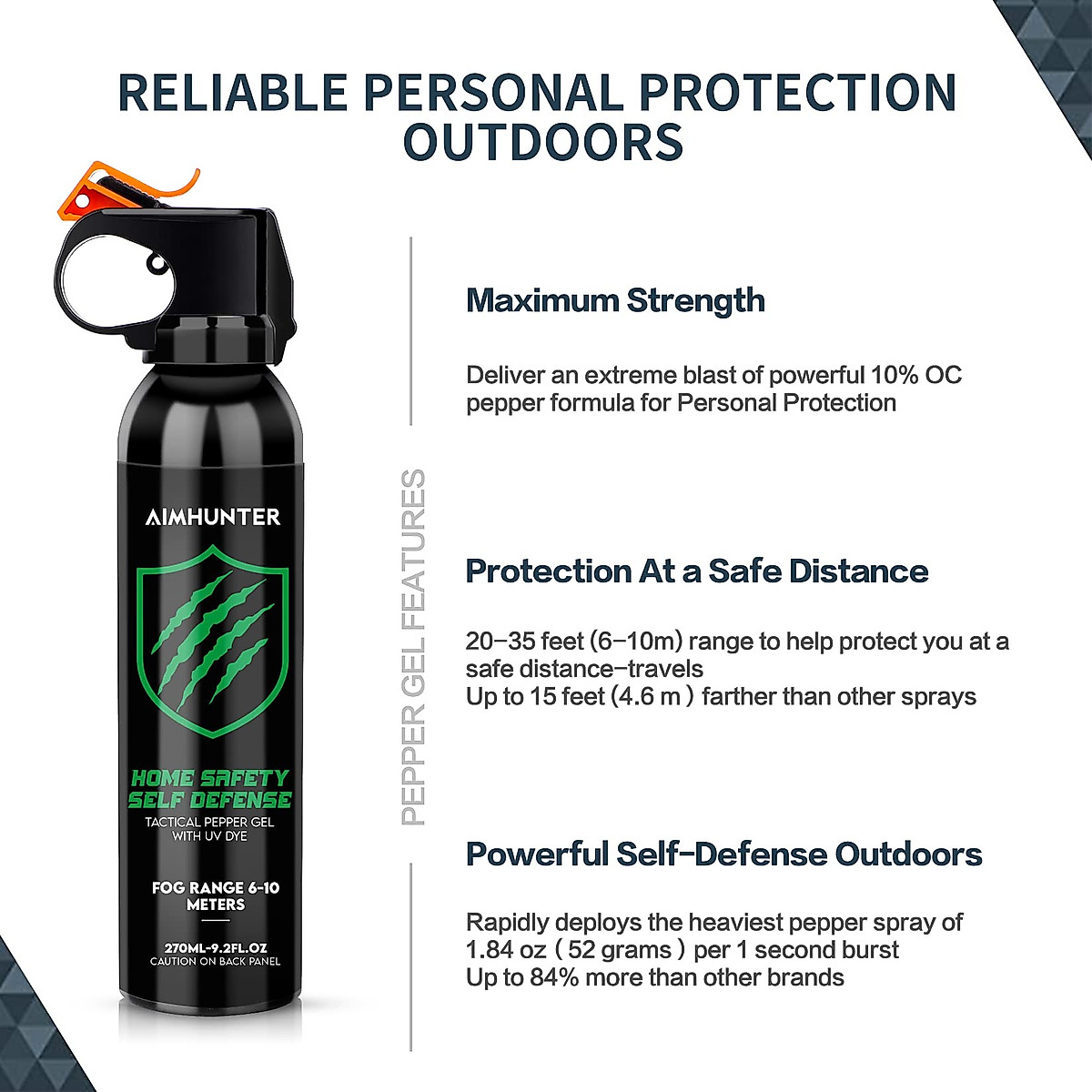 AIMHUNTER Home Self Defense Unit, Tactical Pepper Gel Maximum Strength 35-Foot Range 35 Bursts, Quick Release for Easy Access Pepper Spray Self Defense… (one Pack)