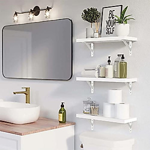 AIKTOTA Floating Shelves - 15.7" White Wall Shelf with Metal Bracket, Wall Mounted Shelves for Bathroom, Living Room, Bedroom, Kitchen, Modern Storage Shelves Decor - Set of 3