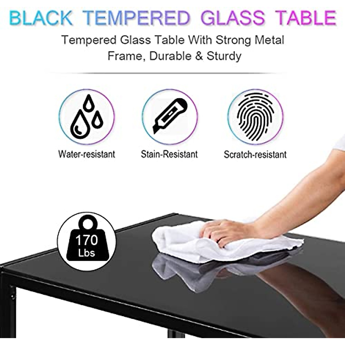 Henf 5-Piece Kitchen Dining Table Set W/Glass Tabletop, 4 PU Leather Chairs Glass Dining Set for Home Kitchen Dining Room Breakfast Furniture, Black