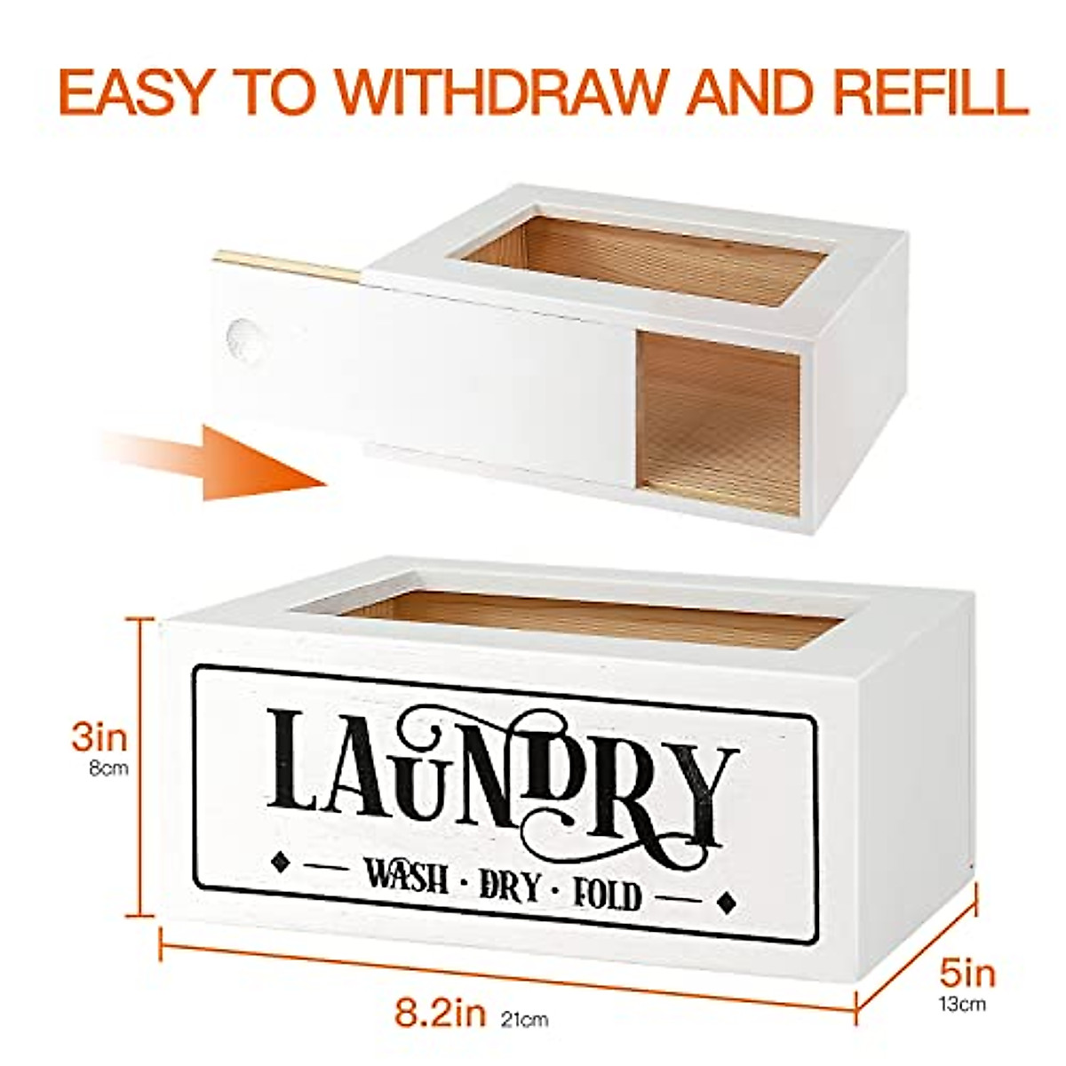 Dryer Sheet Holder - Wooden Dryer Sheet Dispenser for Fabric Softener Sheets, Rustic Dryer Sheet Container Storage Box, Farmhouse Laundry Sheet Dispenser for Laundry Room Decor - White