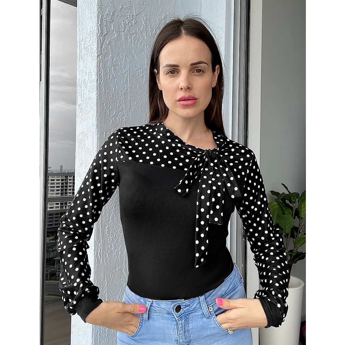 Zeagoo Womens Blouses Sexy Work Tops Bow Tie Blouse Shirt Office, Black Polka Dot, Medium, Lantern Sleeve